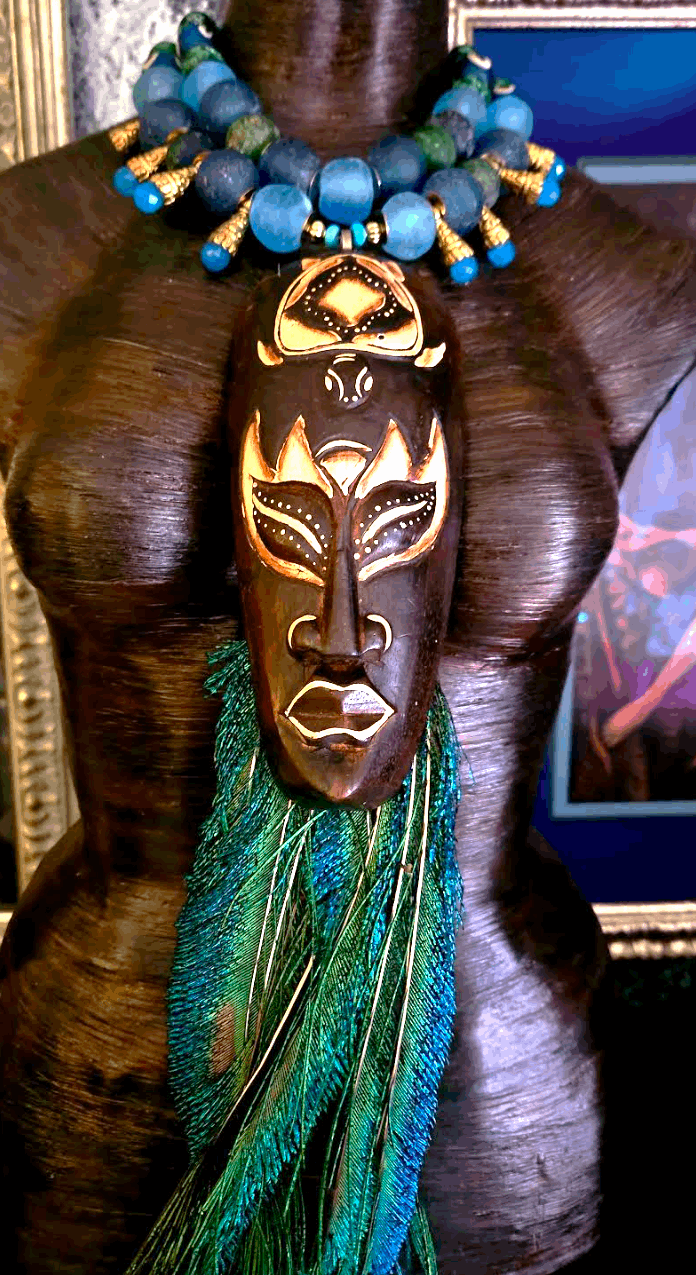 Indonesian Wood Mask Chest Piece With Peacock Feathers & Tribal Beads ...