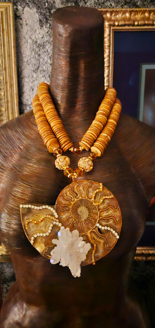 Ammonite & Quartz Crystal Pendant Necklace – Coconut Slice Necklace ...