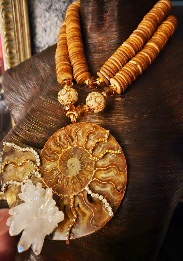Ammonite & Quartz Crystal Pendant Necklace – Coconut Slice Necklace ...